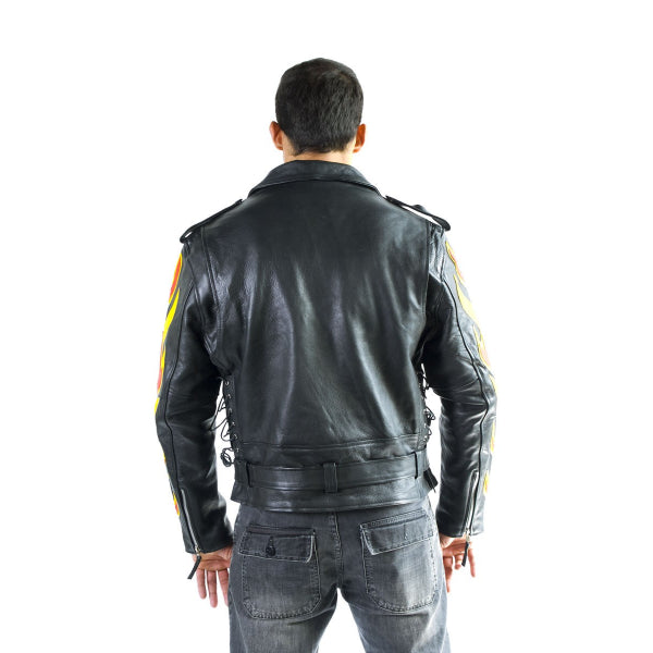 Brando style leather jacket with side lace flame cut-work on arm 115 ...